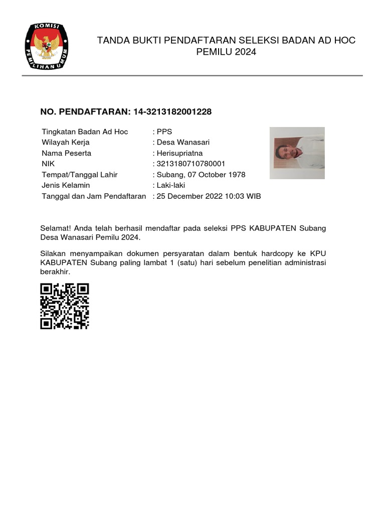 Tanda Bukti Pendaftaran Seleksi Badan Ad Hoc Pemilu 2024 Pdf
