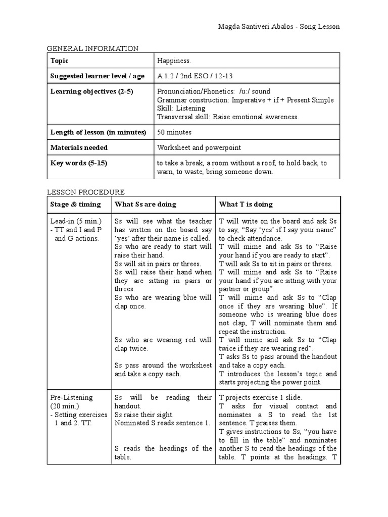 Magdalena Santiveri SONG LESSON | PDF | Behavior Modification | Learning