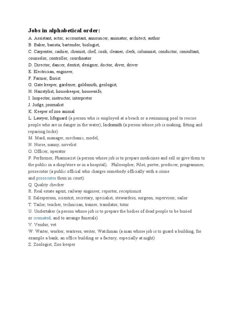 Jobs in Alphabetical Order | PDF