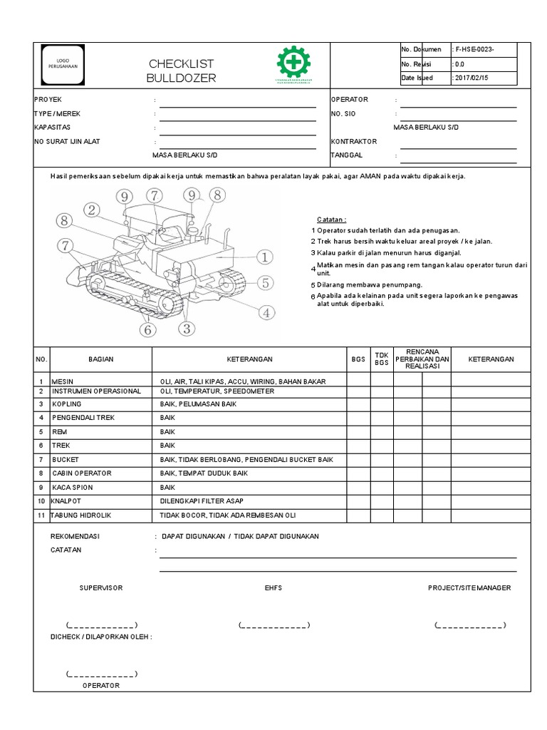 Form Checklist Inspeksi Bulldozer | PDF