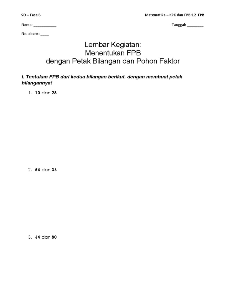 Lembar Kegiatan-Menentukan FPB Dengan Petak Bilangan Dan Pohon Faktor | PDF | Metode & Bahan Ajar