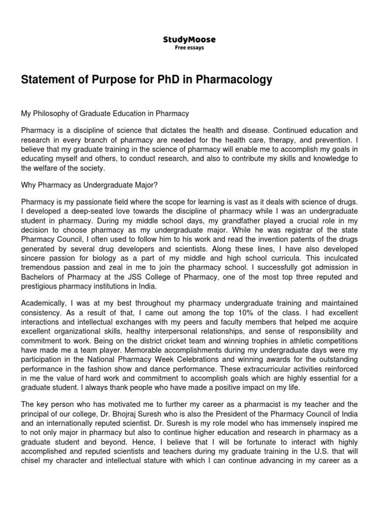 Statement of Purpose For PHD in Pharmacology | PDF | Pharmacology ...