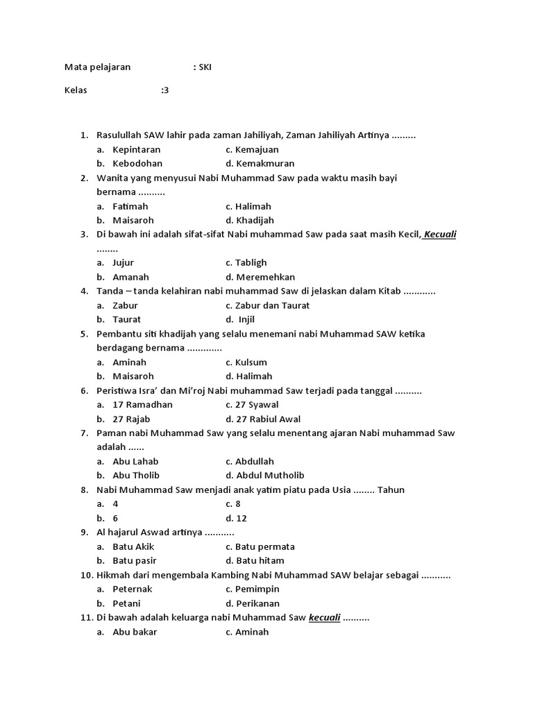 Soal Semester Ganjil SKI Madin Kelas 3 | PDF