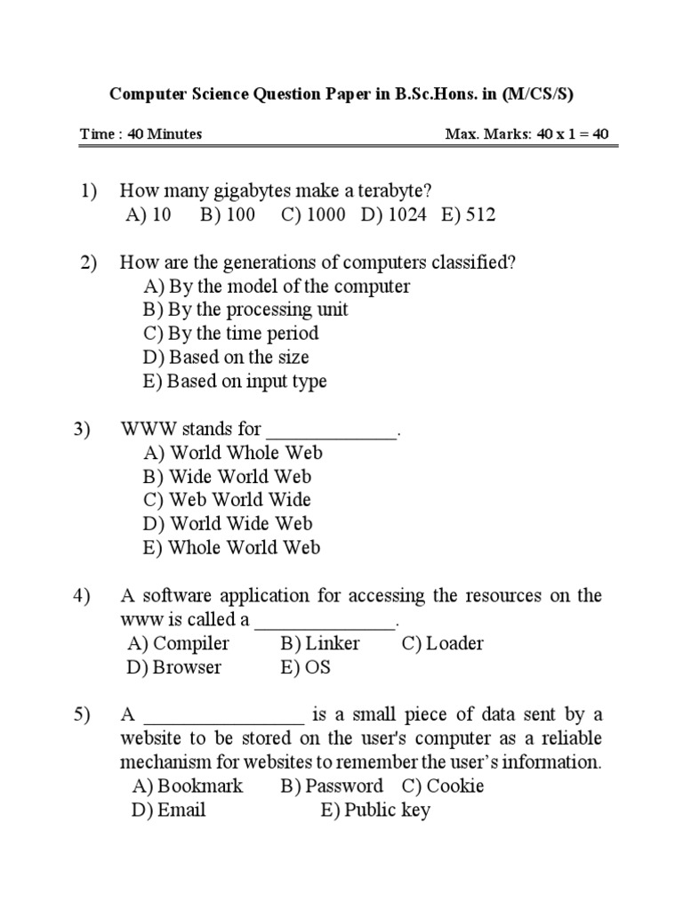 Computer Science Question Paper In Bsc Hons In Mcss Time 40 Minutes Max Marks 40 X