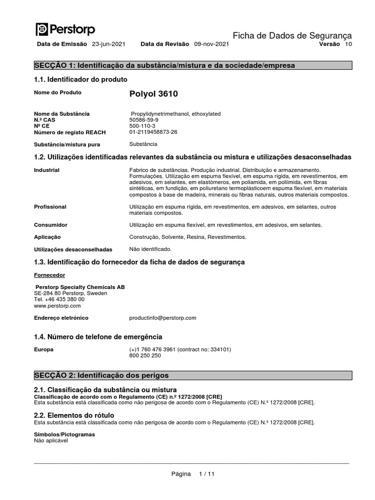 MSDS Polyol 3610 Por-7329 | PDF | Densidade | Desperdício