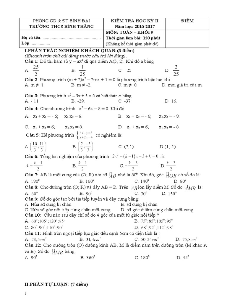 De Thi HKII Toan 9 Co Trac Nghiem | PDF