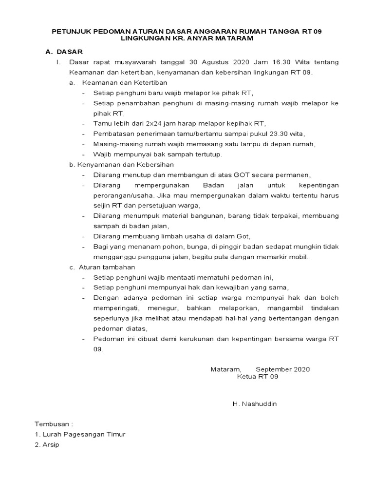 Petunjuk Pedoman Aturan Dasar Anggaran Rumah Tangga RT 09 Lingkungan KR | PDF