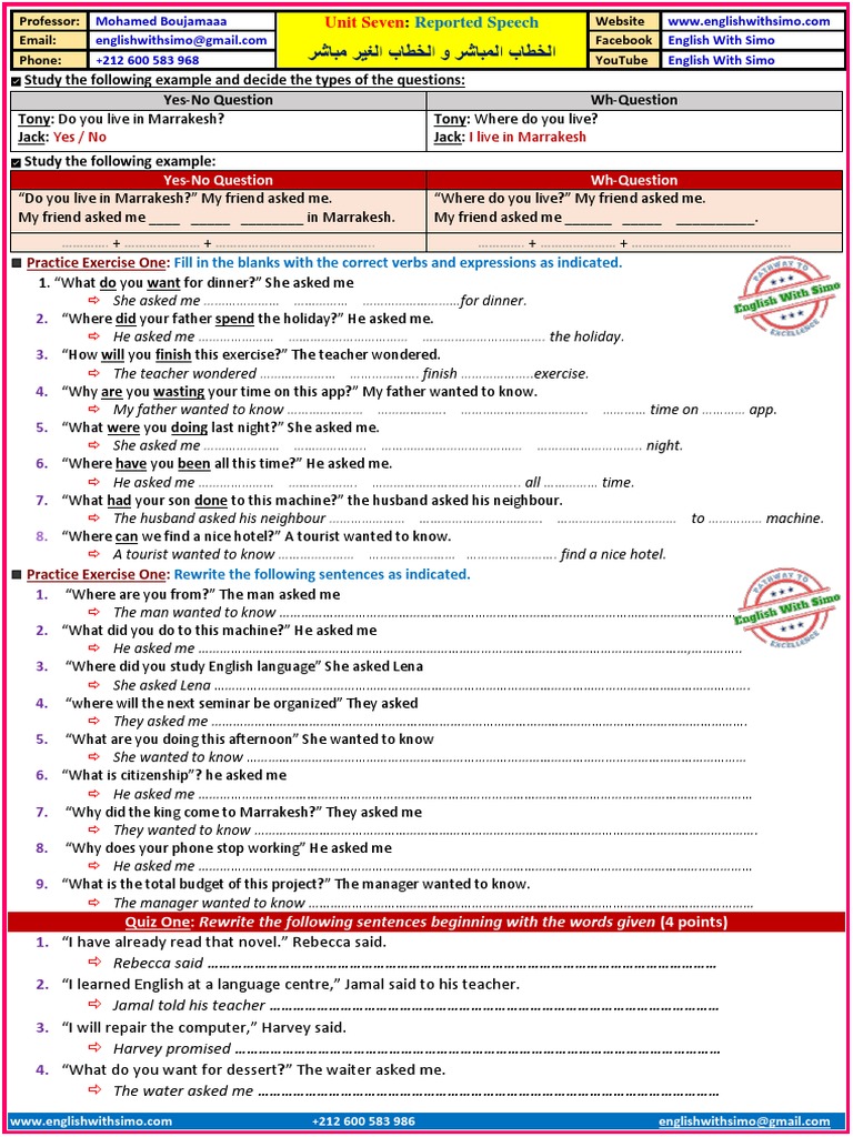 Reported Speech 2021 WH Questions by English With Simo | PDF | Question ...