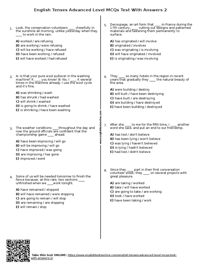 885 - English Tenses Advanced Level Mcqs Test With Answers 2 | PDF ...