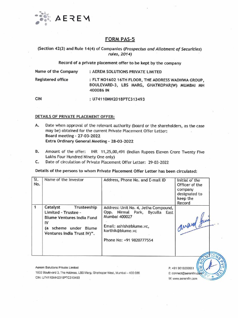 Complete Record of Private Placement Offers and Acceptances in Form PAS-5.-30032022 | PDF
