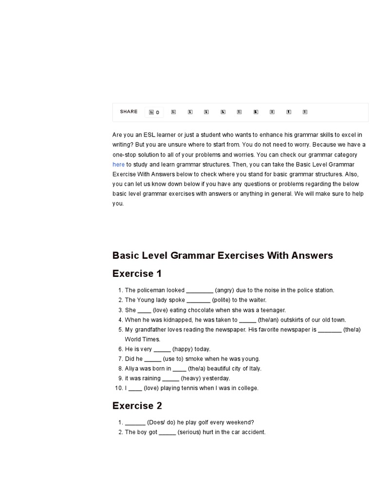 Basic Level Grammar Exercises With Answers in English - Learn ESL | PDF ...