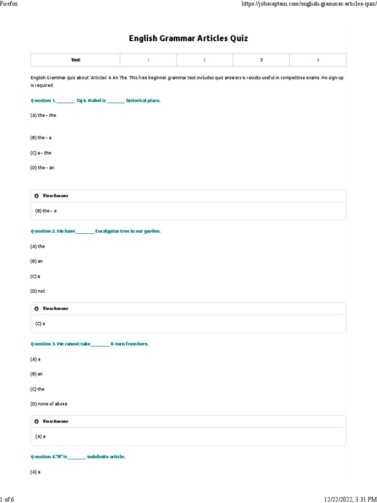 English Grammar Articles A An The Quiz 3 With Answer | PDF | Bodies Of ...