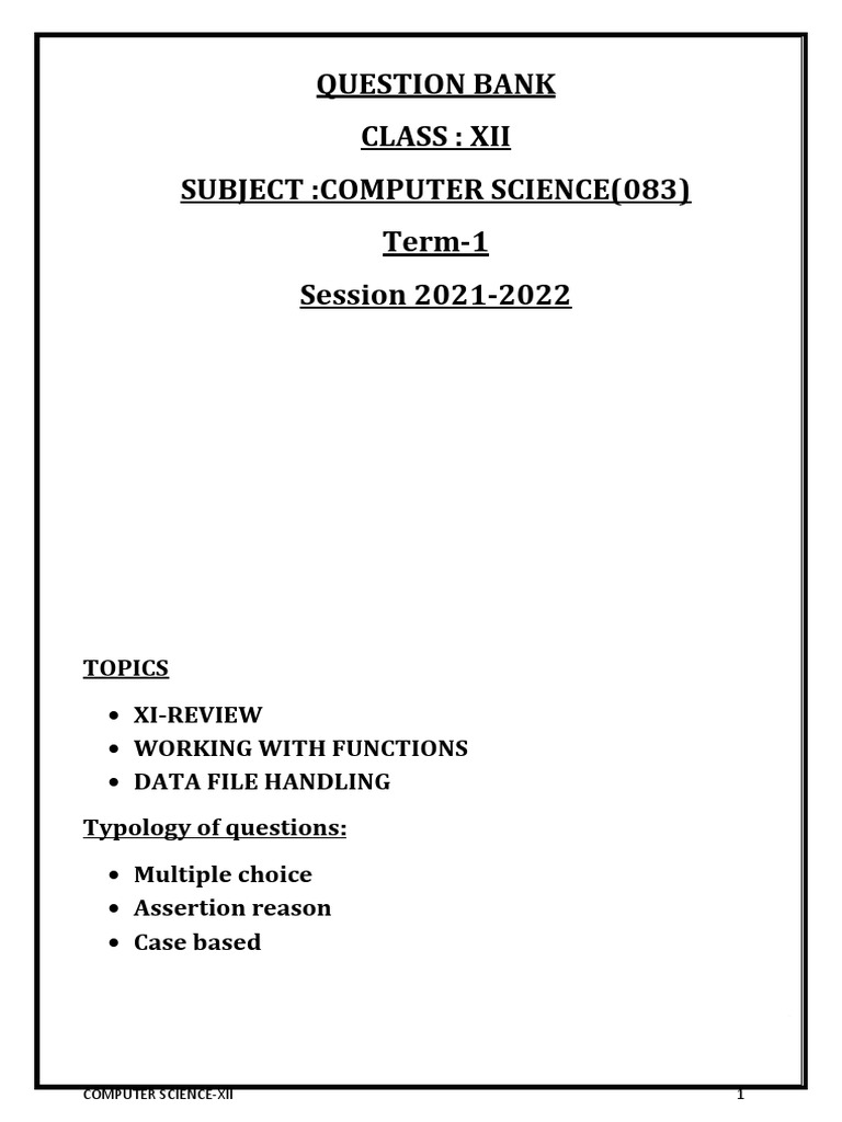 Xii Cs Term 1 Question Bank Pdf Parameter Computer Programming Subroutine