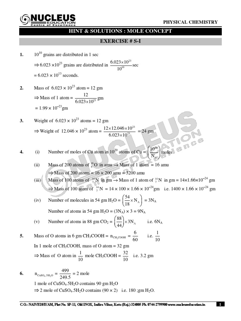 SOLUTION of Mole Concept Sheet 1630318949510 | Download Free PDF | Mole (Unit) | Molecules