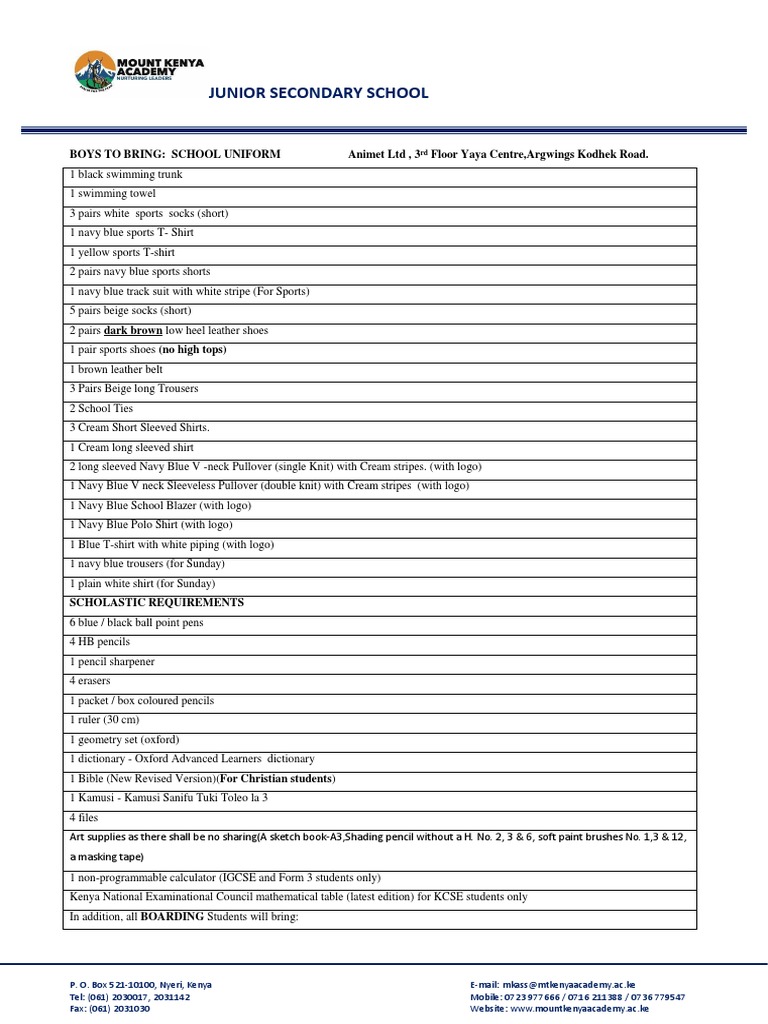 Boys Requirements List 2022 Junior Secondary School | PDF