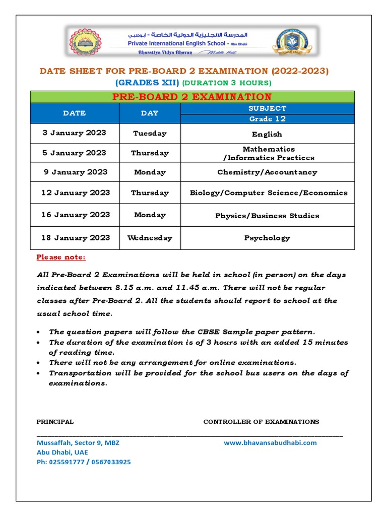 Grade 12 Pre-Board 2 Exam Schedule | PDF | Technology & Engineering