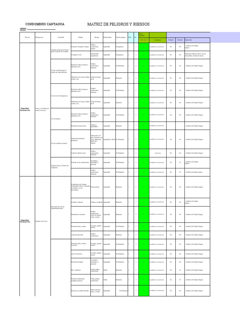 Matriz Miper Guardia de Seguridad Condominio Cantagua | PDF | Peligros ...
