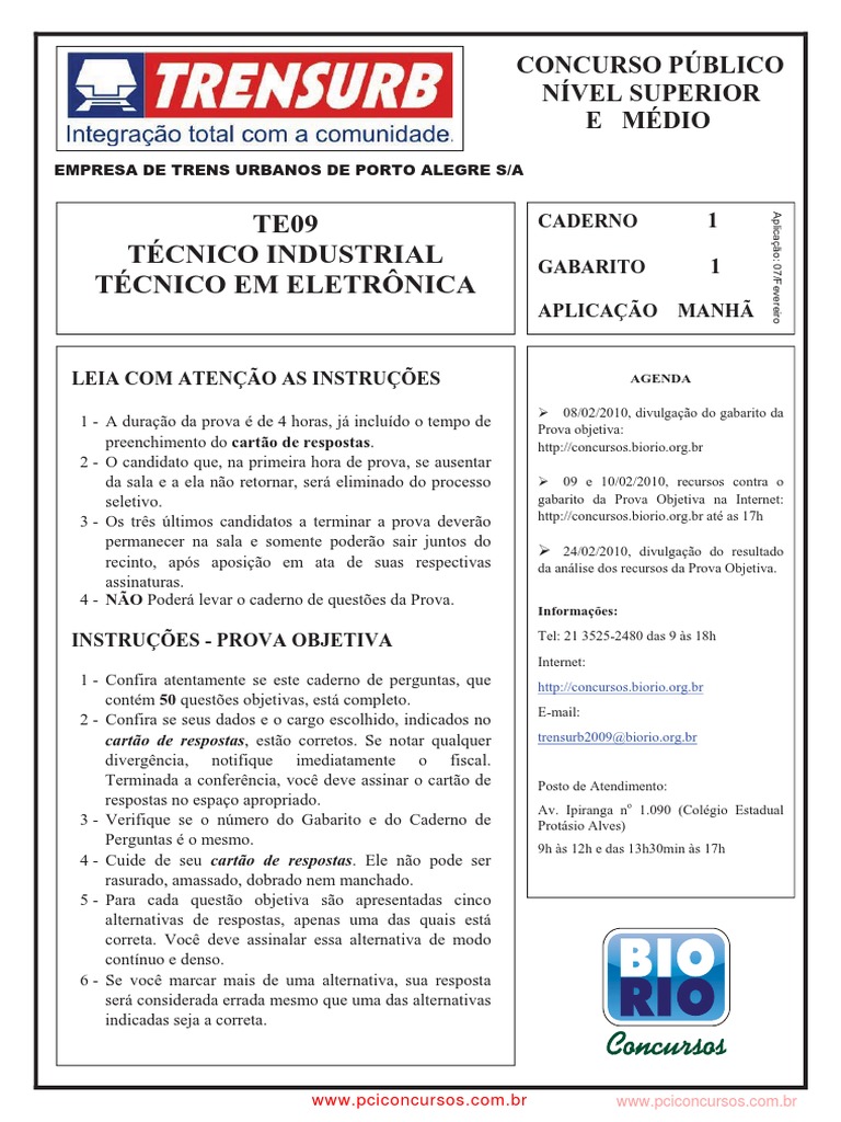 TE09 Técnico Industrial Técnico em Eletrônica: Concurso Público Nível Superior E Médio | PDF ...