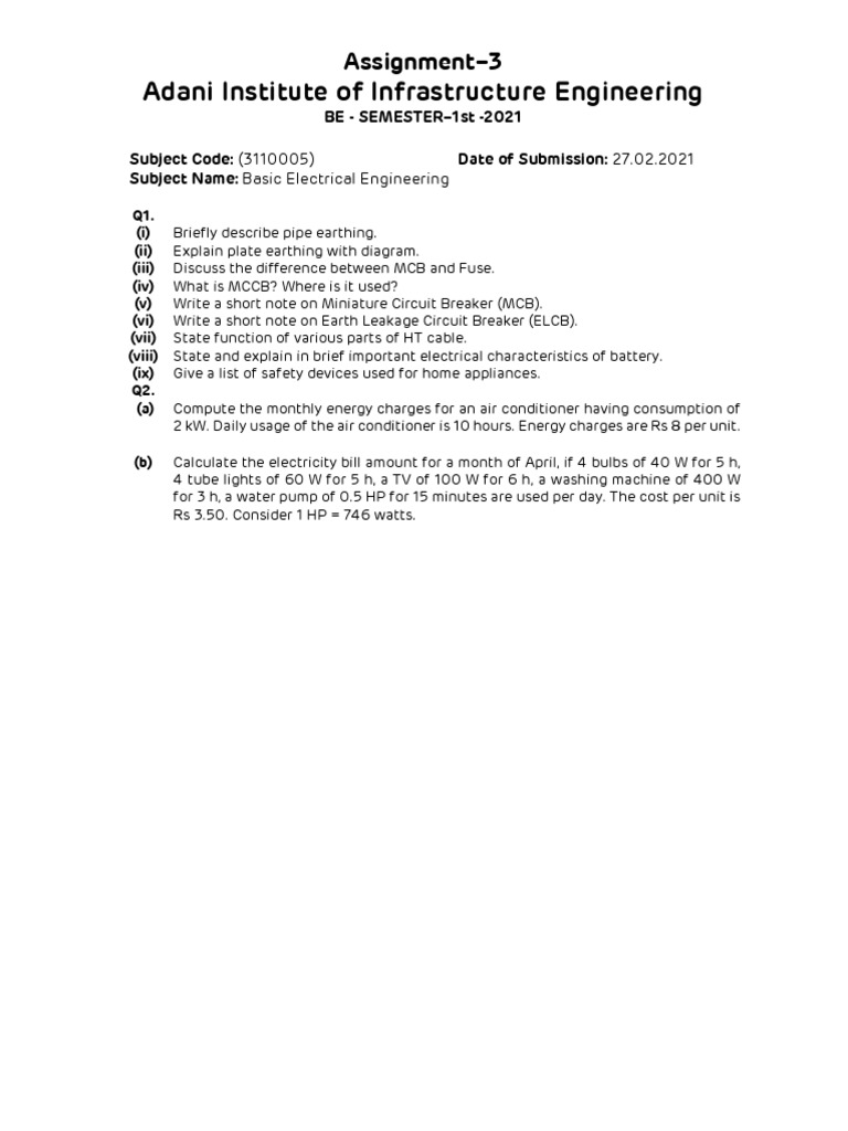 Basic Electrical Engineering Assignment-3 | PDF