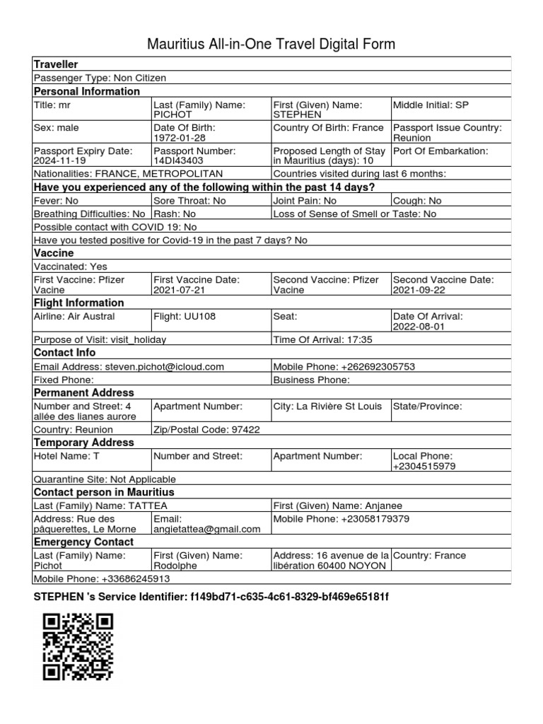 Mauritius All-in-One Travel Form | PDF | Viral Respiratory Tract Infections | Health Sciences