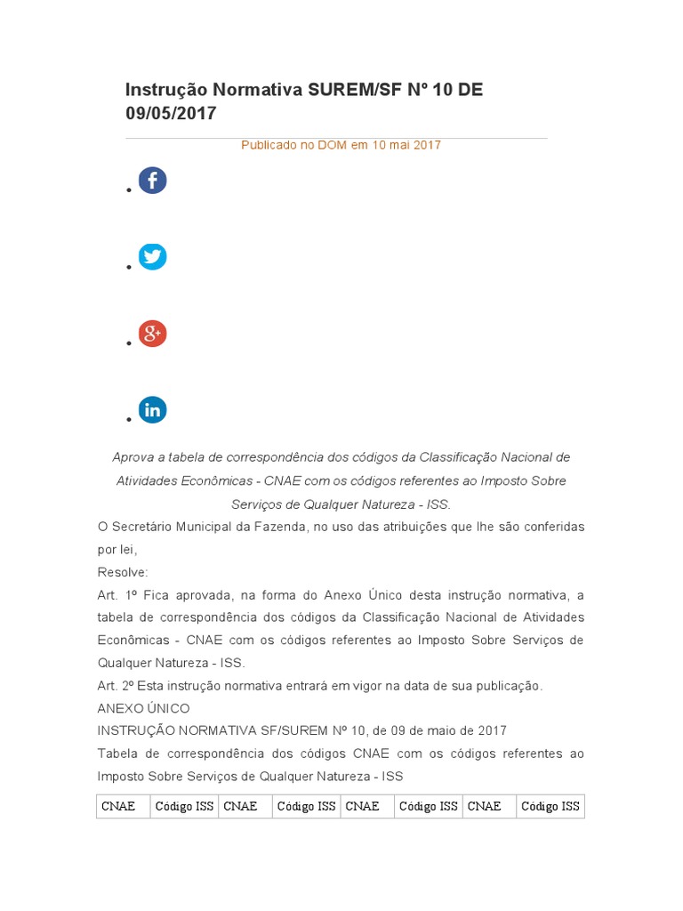 Tabela Cnae X Codigo Iss | PDF | Economias | Governo