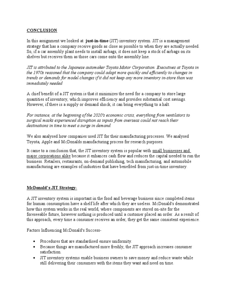 CONCLUSION CA - JIT | PDF | Lean Manufacturing | Inventory