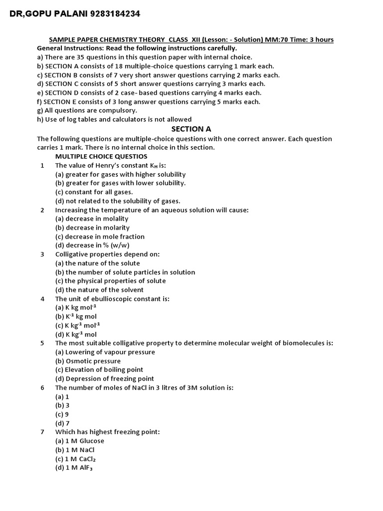 12TH Class Chapter Wise QP 2022-23 | PDF | Ion | Chemical Substances