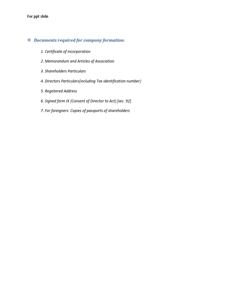 Company Formation Document Checklist | PDF | Finance & Money Management