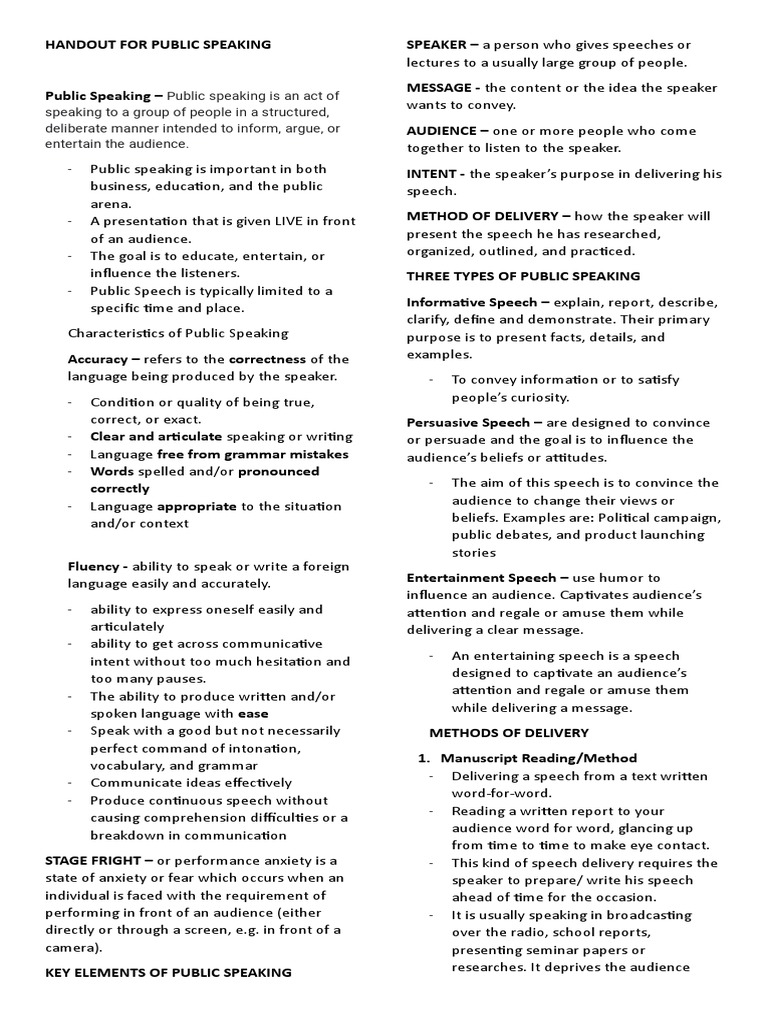 Handout For Public Speaking | PDF | Public Speaking | Speech