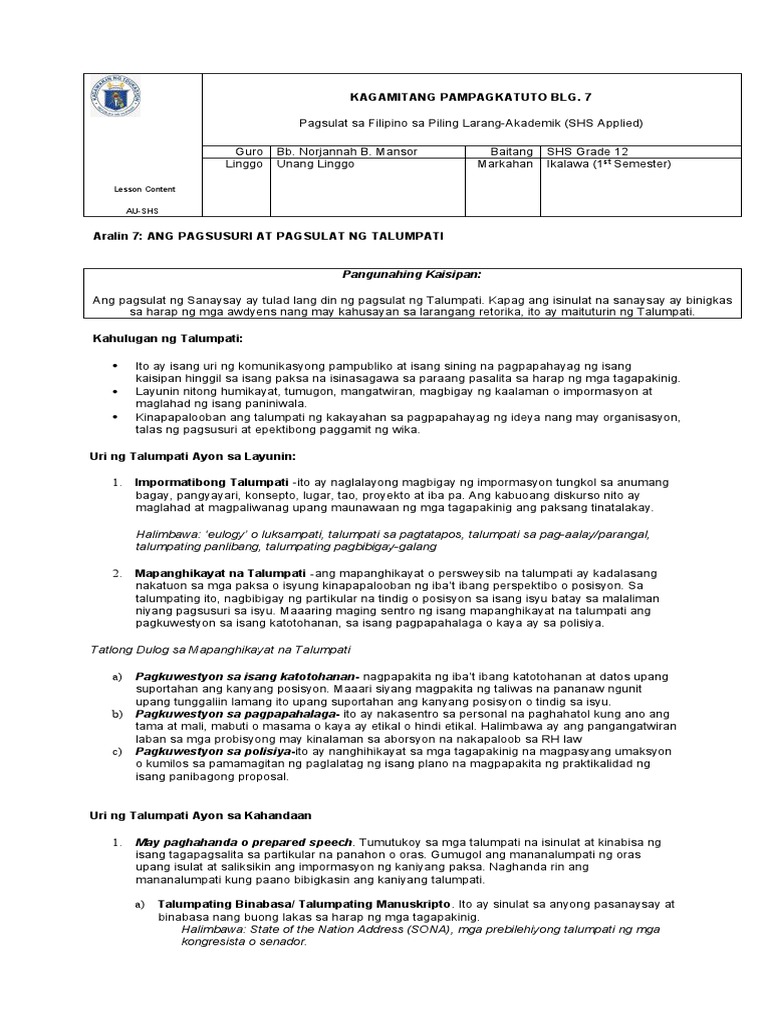 Reviewer Aralin 7 12 | PDF