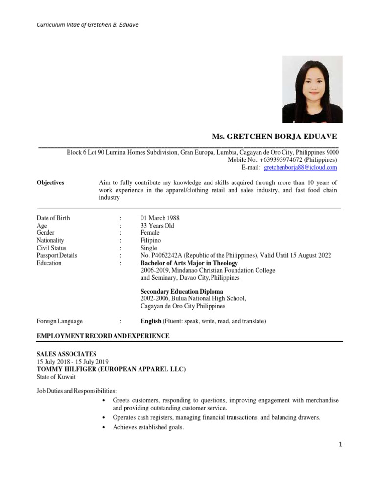 Gretchen Eduave's Professional Profile | PDF | Sales | Philippines