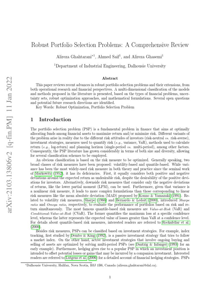 Review Robust Portfolio Optimisation Pdf Modern Portfolio Theory