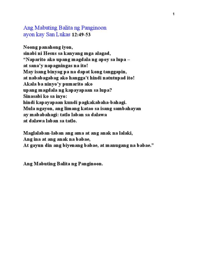 Ang Mabuting Balita NG Panginoon Ayon Kay San Lukas | PDF