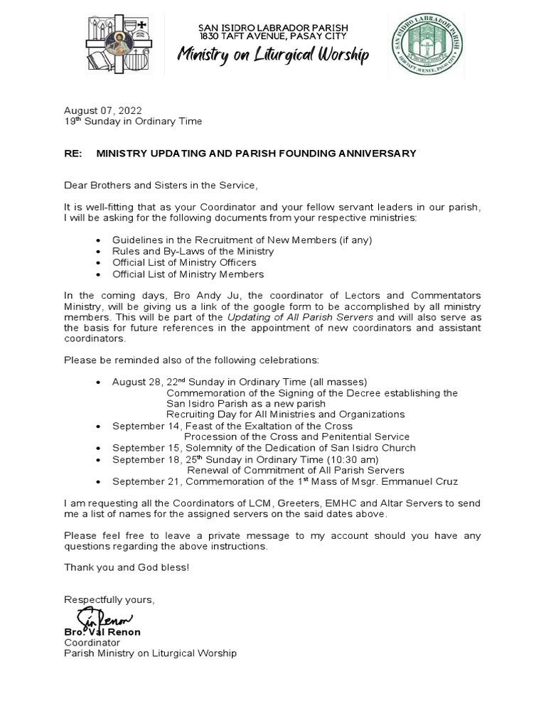 Updating Parish Ministries and Commemorating Founding Anniversaries: A ...