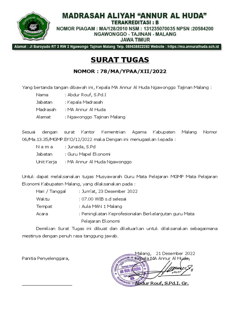 Contoh Surat Tugas MGMP Bahasa Indonesia | PDF