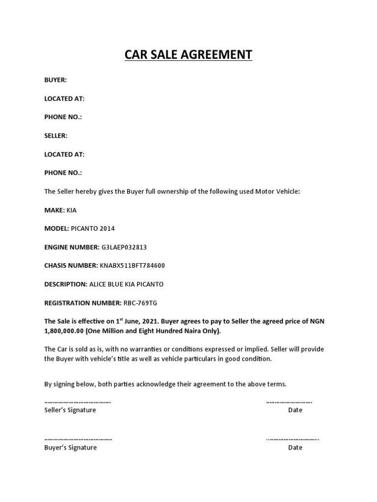 Used Kia Picanto Sale Agreement | PDF