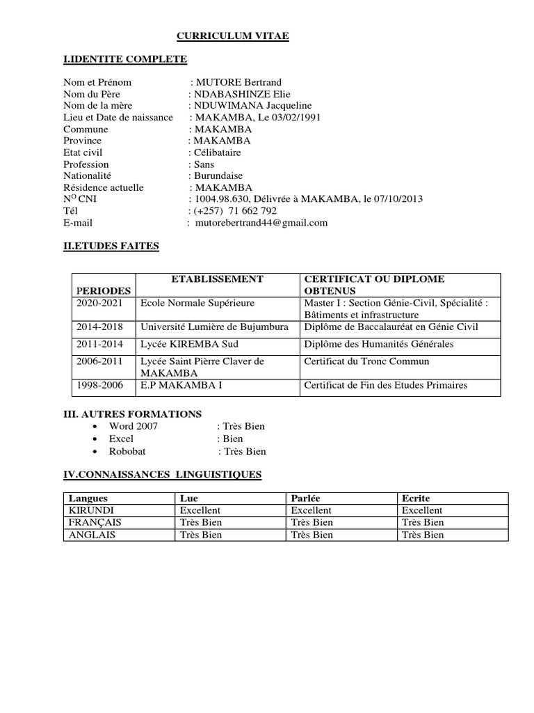 CV Bertrand PDF | PDF | Diplôme académique | Niveaux d'enseignement
