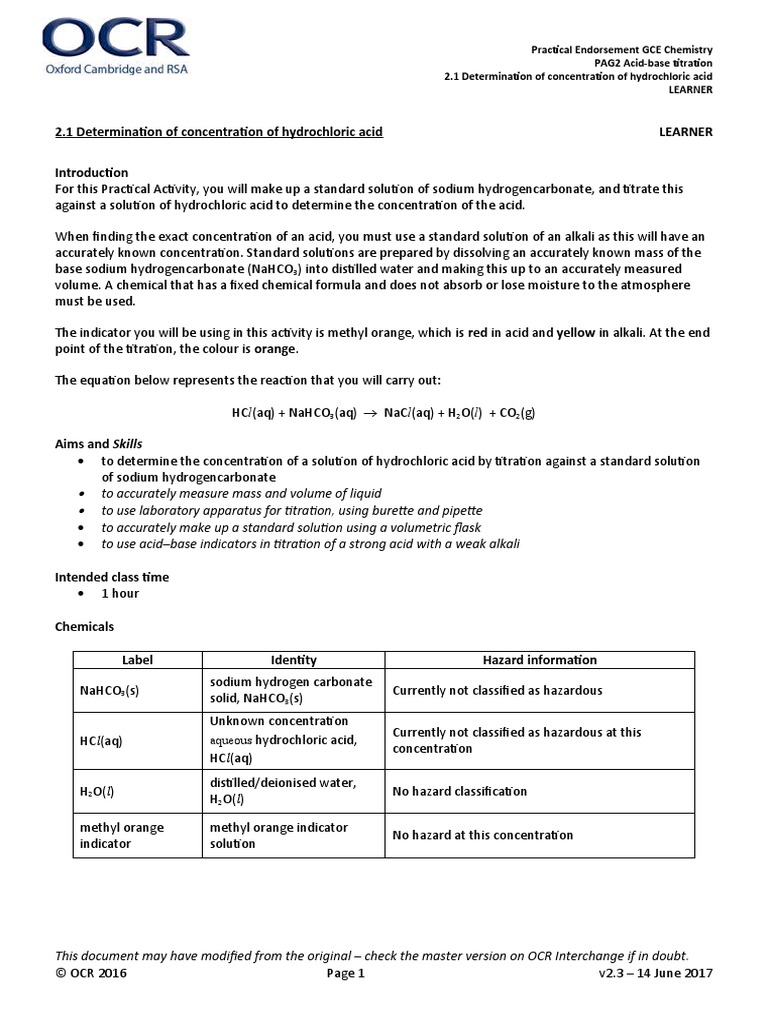 Chemistry PAG 2.1 Learner v2.3 2 3 | PDF | Titration | Chemistry