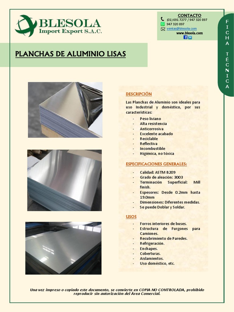 Ficha Tecnica de Plancha de Aluminio Lisas | PDF | Metales de transición | Ciencias fisicas