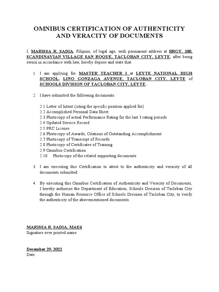 Omnibus Certification for Teacher Application | PDF | Law