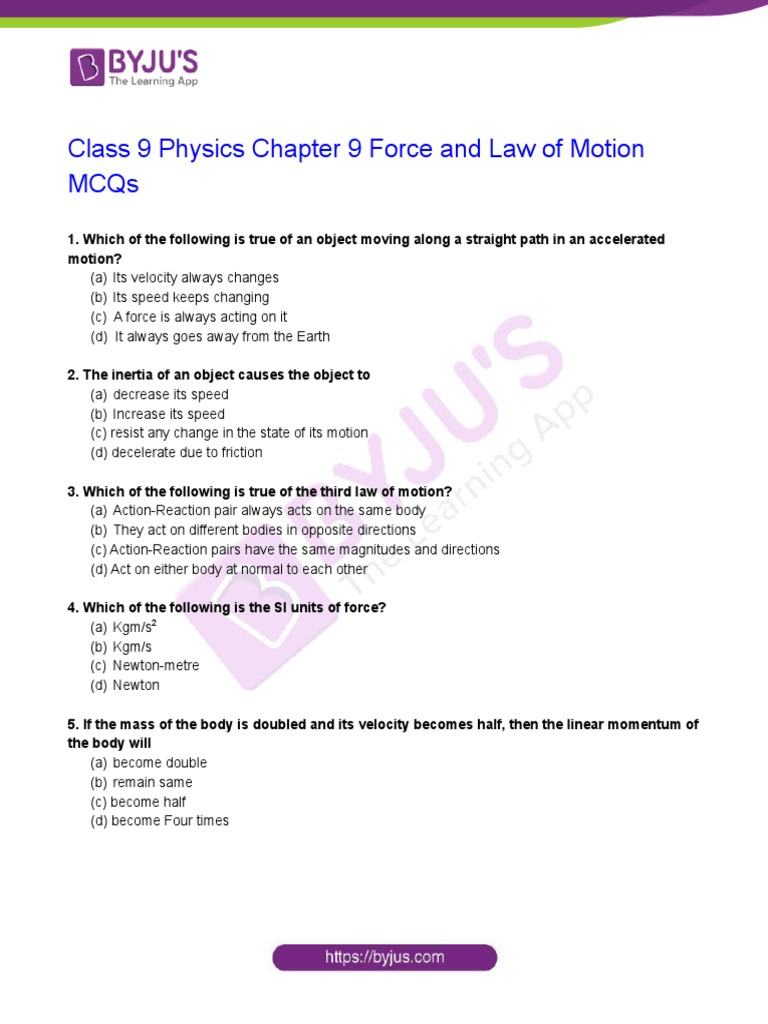 Class 9 Physics Chapter 9 Force and Law of Motion MCQs | PDF
