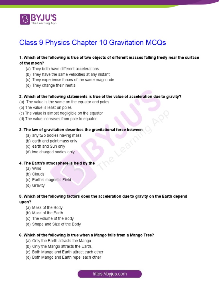 Class 9 Physics Chapter 10 Gravitation MCQs | PDF