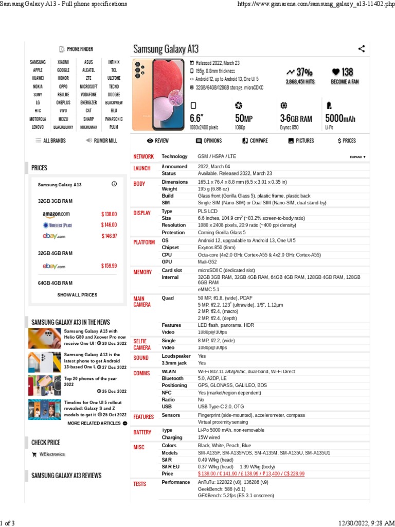 Samsung Galaxy A13 | PDF | Mobile Phones | Personal Computing