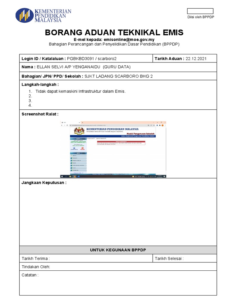 Borang Aduan Teknikal EMIS | PDF