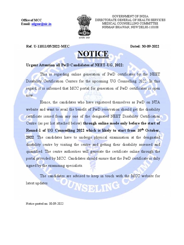 Notice For PWD Certificate UG | PDF