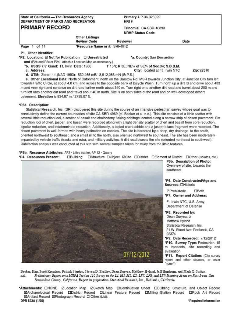 Documentation of SRI-4012: A Prehistoric Lithic Scatter Site with ...