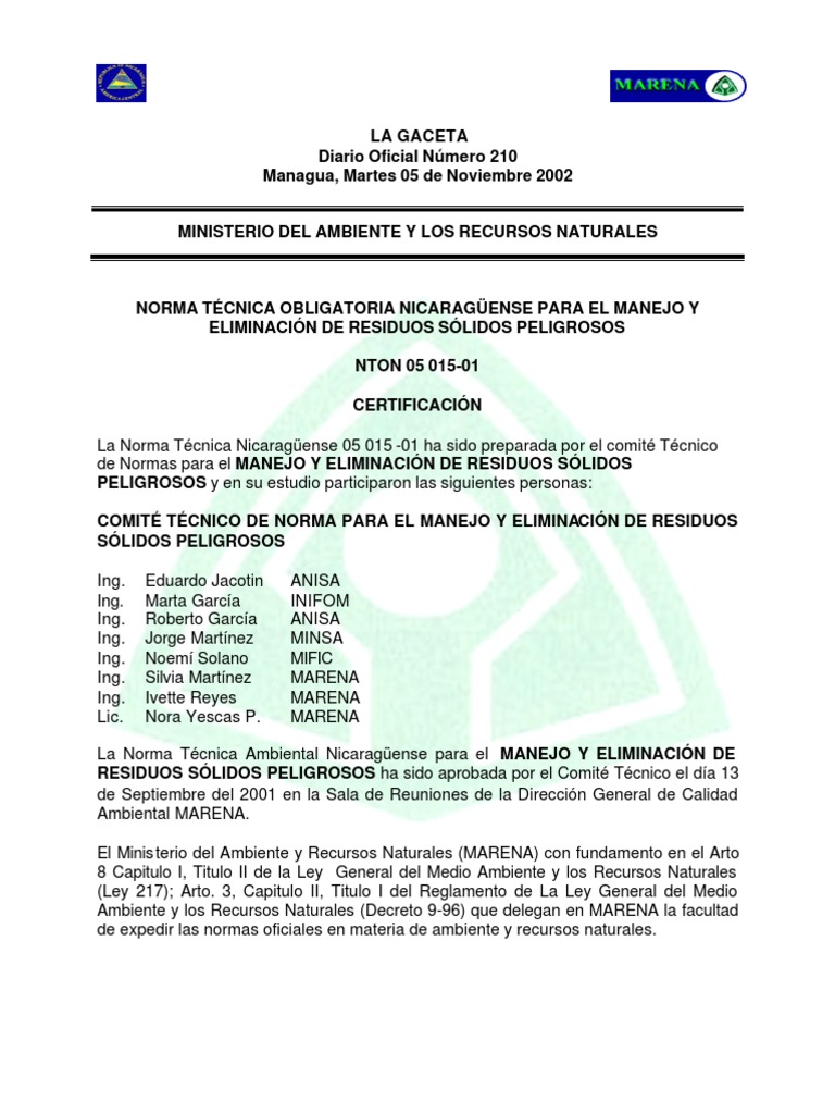 NTON 05 015-01 Manejo y Eliminación de Residuos ... | PDF | Residuos | Agua subterránea