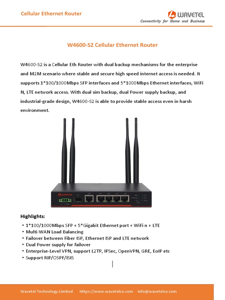 W4600-S2 Cellular Eth Router Datasheet | PDF | Router (Computing ...