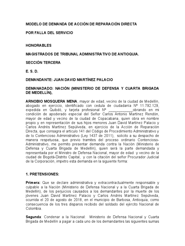 Demanda de Acción de Reparación Directa, Falso Positivo Octubre 23 de ...