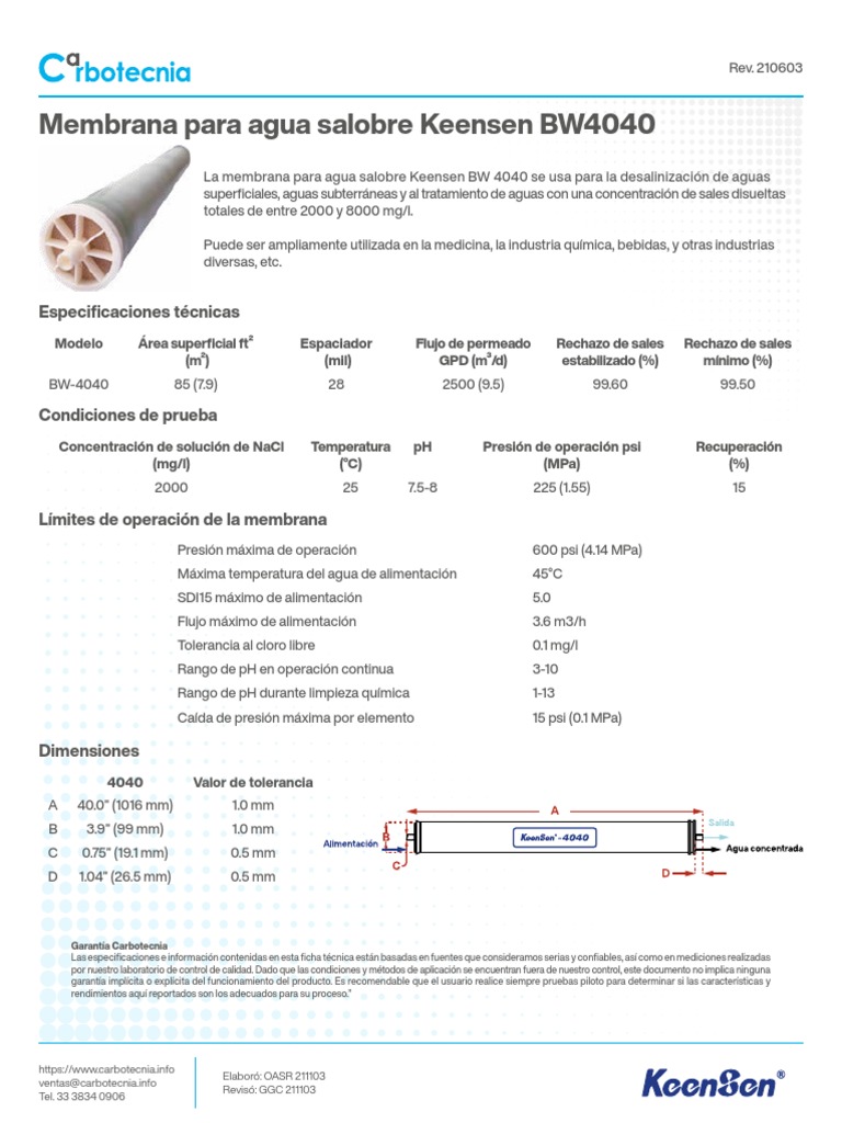 Membrana Keensen bw4040 | PDF | Agua | Desalinización